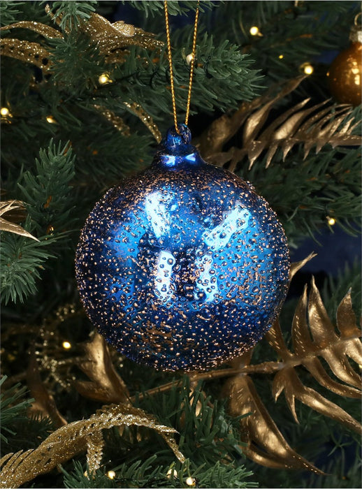 Christmas Hanging Blue Embossed Glass Bauble 8cm Newlands Garden Centre