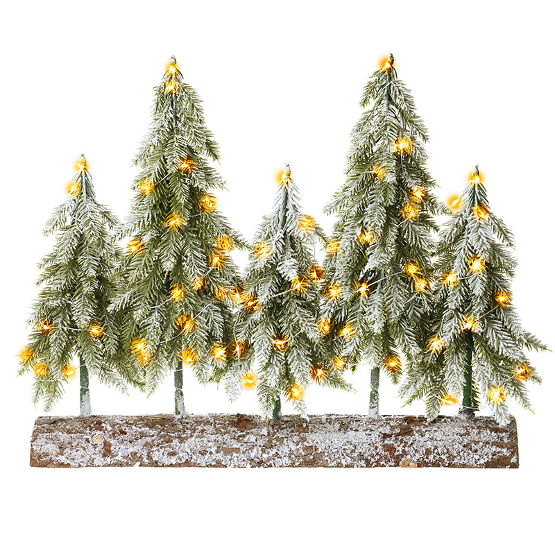 Christmas Forest Table-Piece Flocked Snowy Trees on Log With Micro LED ...