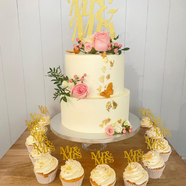 Wedding Cake Two Tier With Twelve Mr & Mrs Cupcakes — Newlands Garden ...